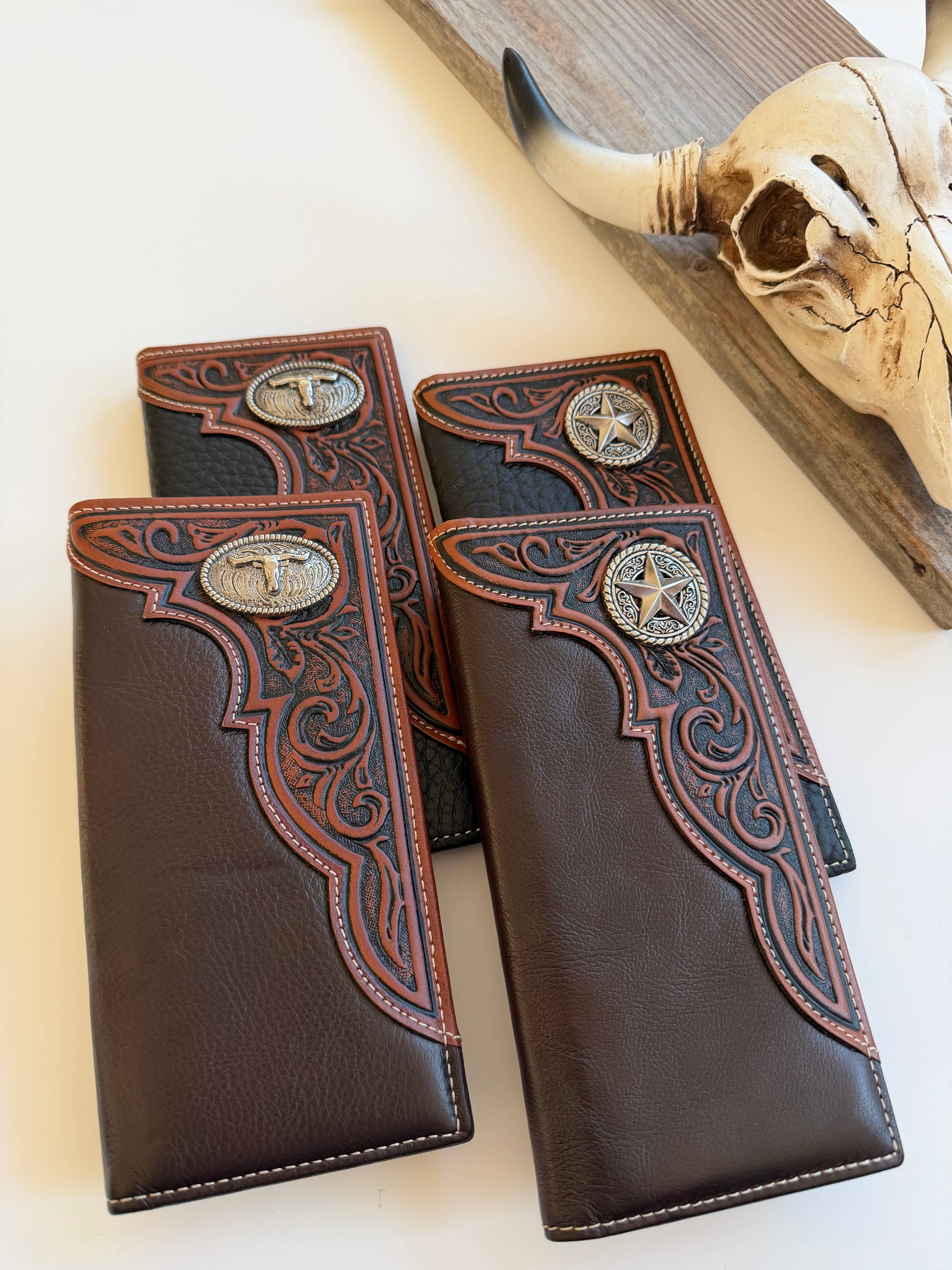 Genuine Tooled Leather Bi-Fold Wallet | Longhorn Star – Boho Ranch Shop
